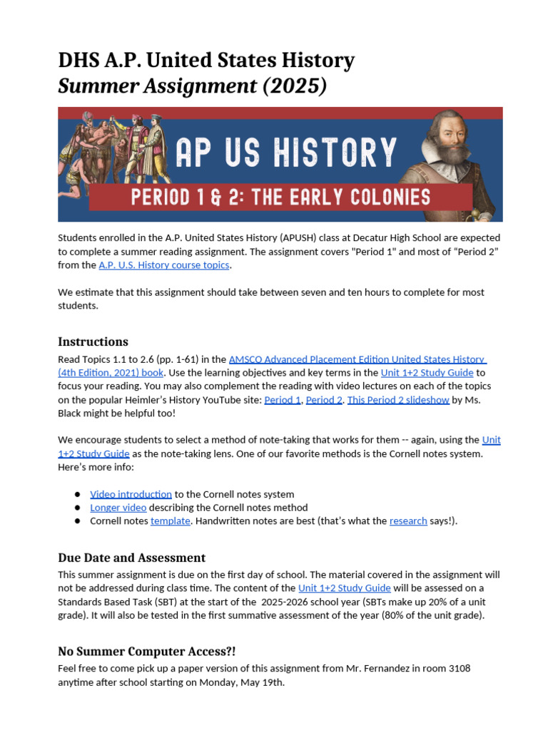 APUSH Summer Assignment 2025 Guide | PDF