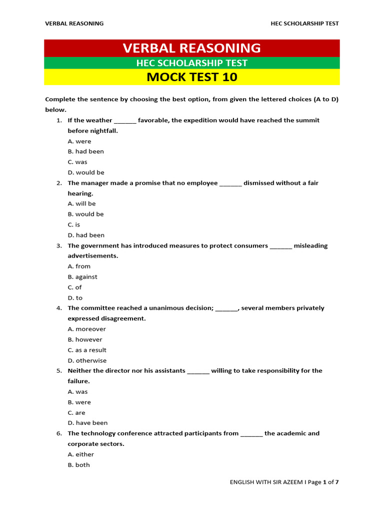 Verbal Reasoning Test 10 - English With Sir Azeem | PDF