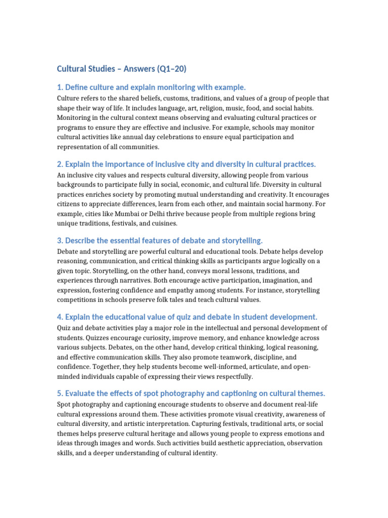 Cultural Studies Answers | PDF | Storytelling | The Arts