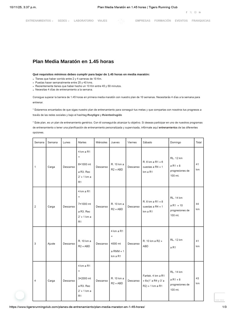 Plan de Entrenamiento Media Maratón 1.45 | PDF | Corriendo | Atletismo