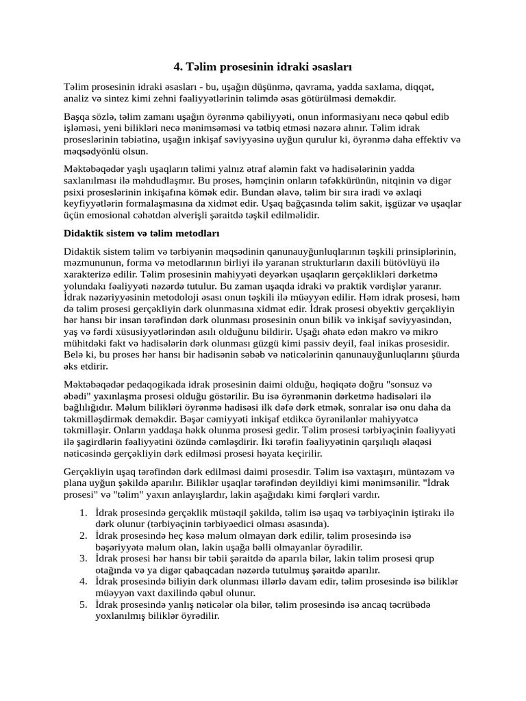 Təlim Prosesinin Idraki Əsasları | PDF