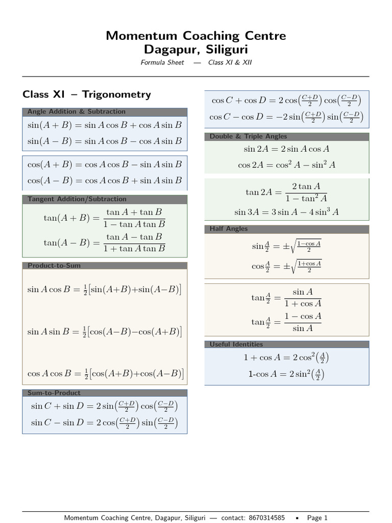 12th Math Formula Sheet | PDF | Trigonometric Functions | Subtraction