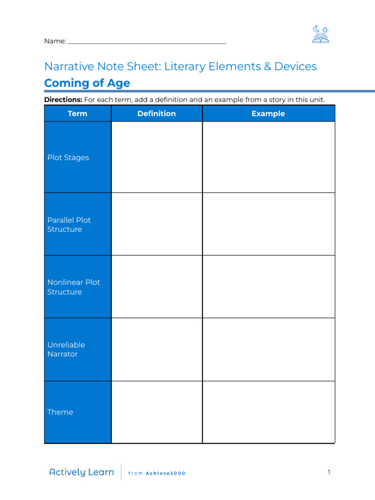 ELA 8 Coming of Age Literary Elements & Devices Notes Sheet | PDF