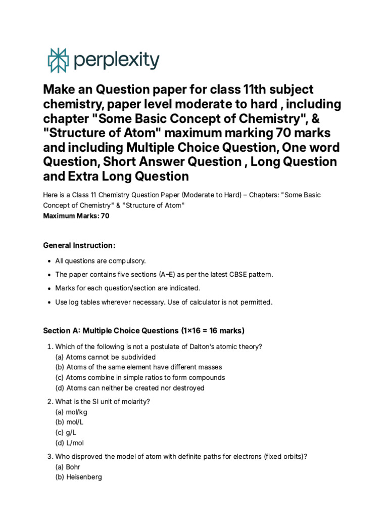 Class 11 Chemistry Question Paper | PDF | Atoms | Mole (Unit)