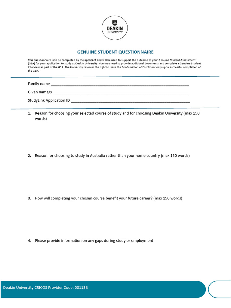 Genuine Student Questionnaire GS - Deakin | PDF | Travel Visa