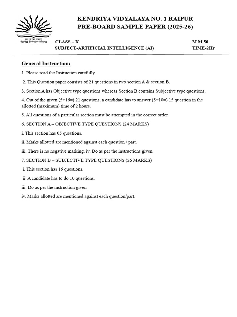 Class X AI Pre-Board Sample Paper 2025-26 | PDF | Artificial ...