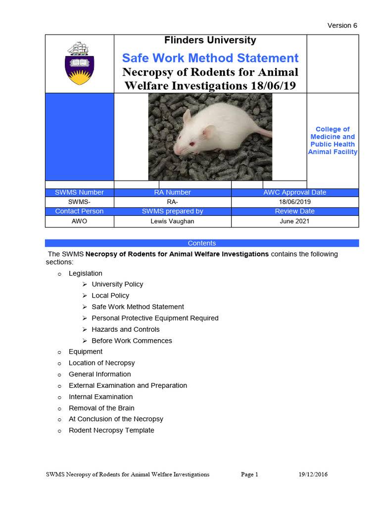Rodent Necropsy SWMS for Animal Welfare | PDF | Autopsy | Abdomen