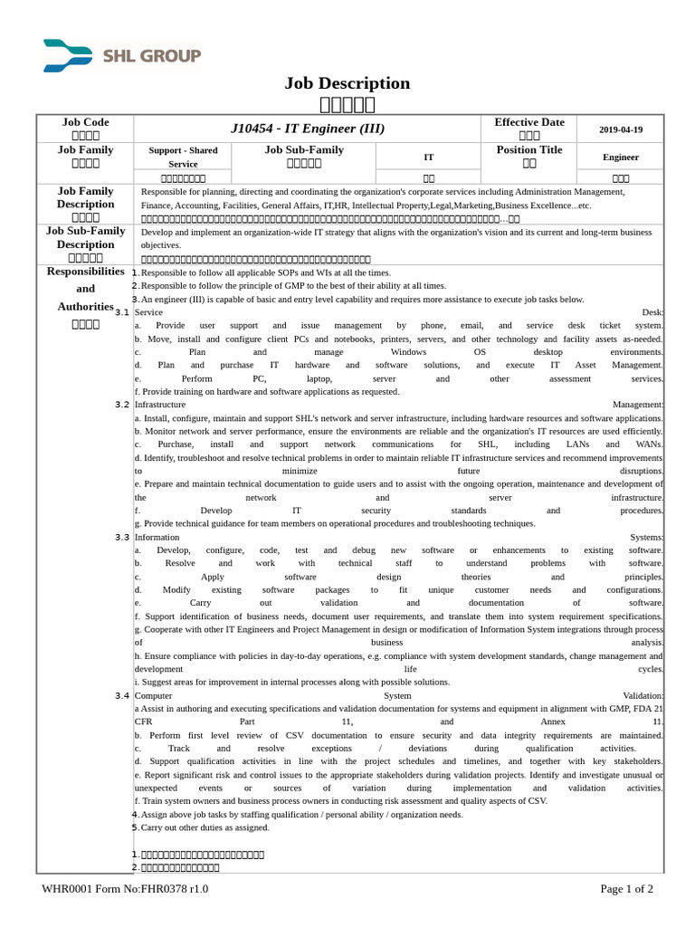 Shl Jobdescr j10454 | PDF