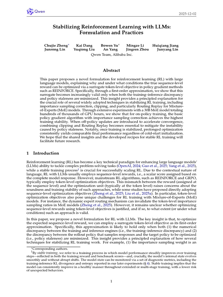 Stabilizing Reinforcement Learning With LLMs Qwen | PDF | Applied ...