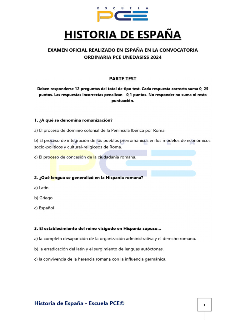 Examen Historia de Espana 2024 Escuela PCE | PDF | España | Edades medias
