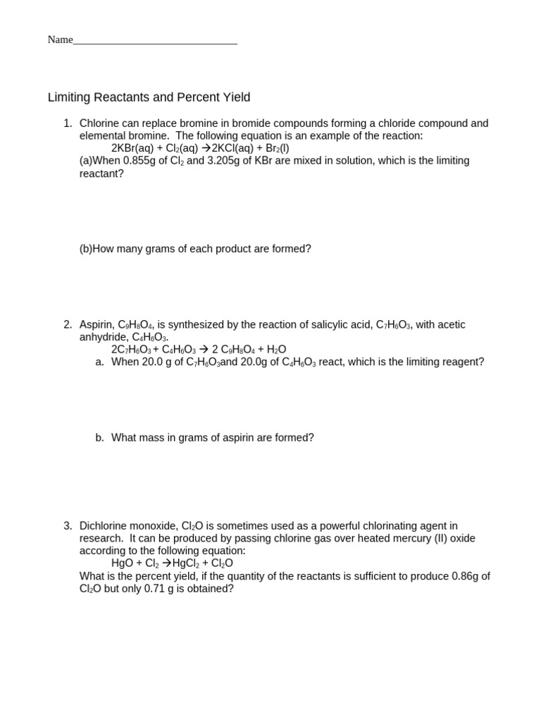 Limiting Reactants and Yield Calculations | PDF