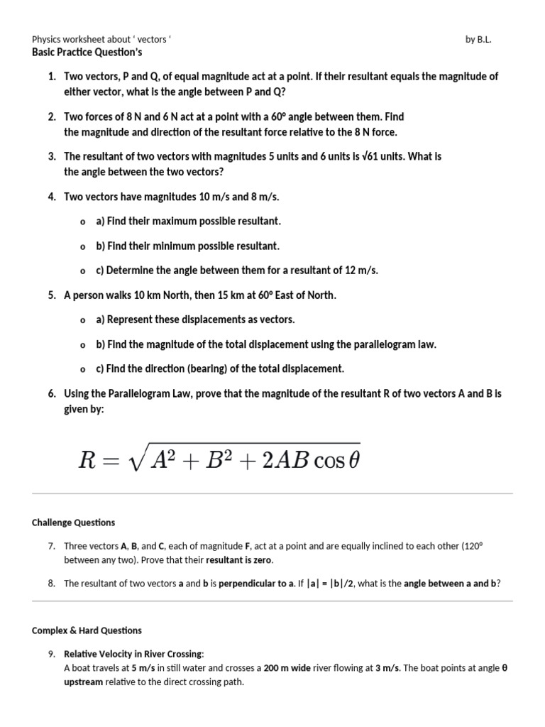 Physics Vectors Worksheet '' Hard'' | PDF | Euclidean Vector | Force