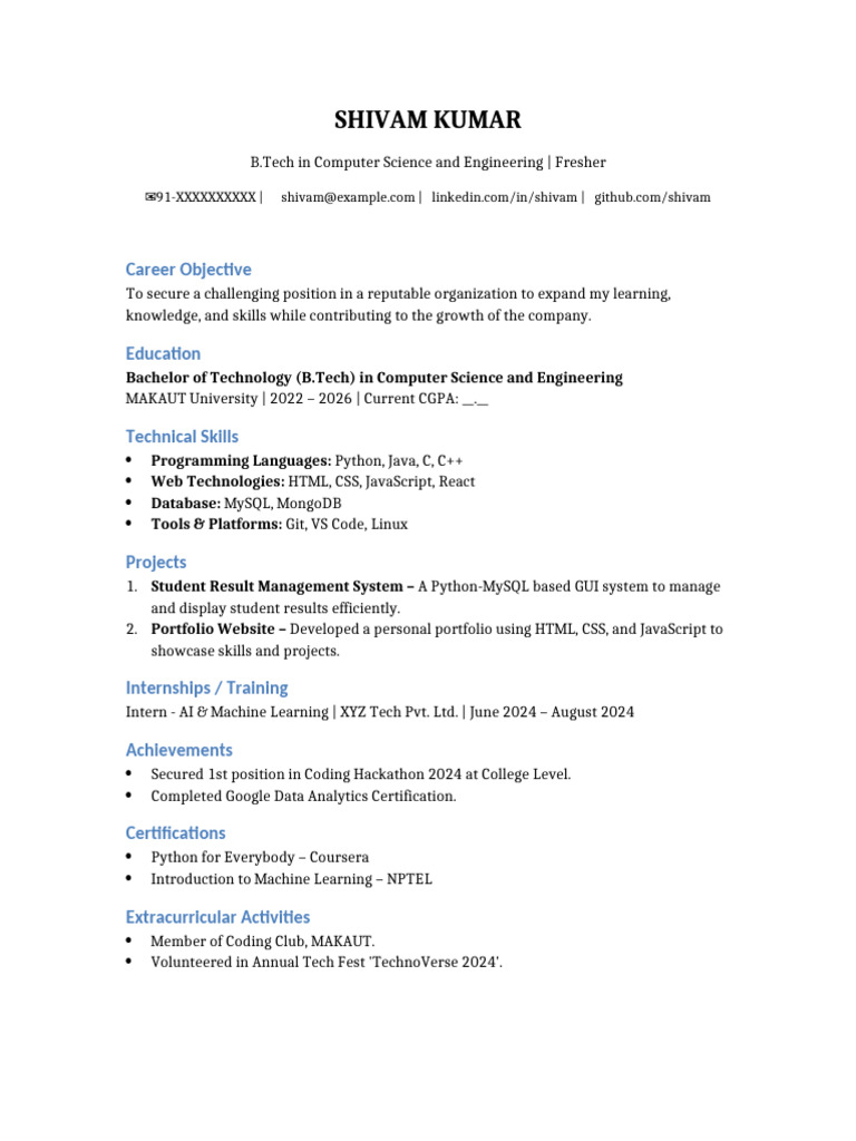 CSE Fresher CV Template Shivam Kumar | PDF