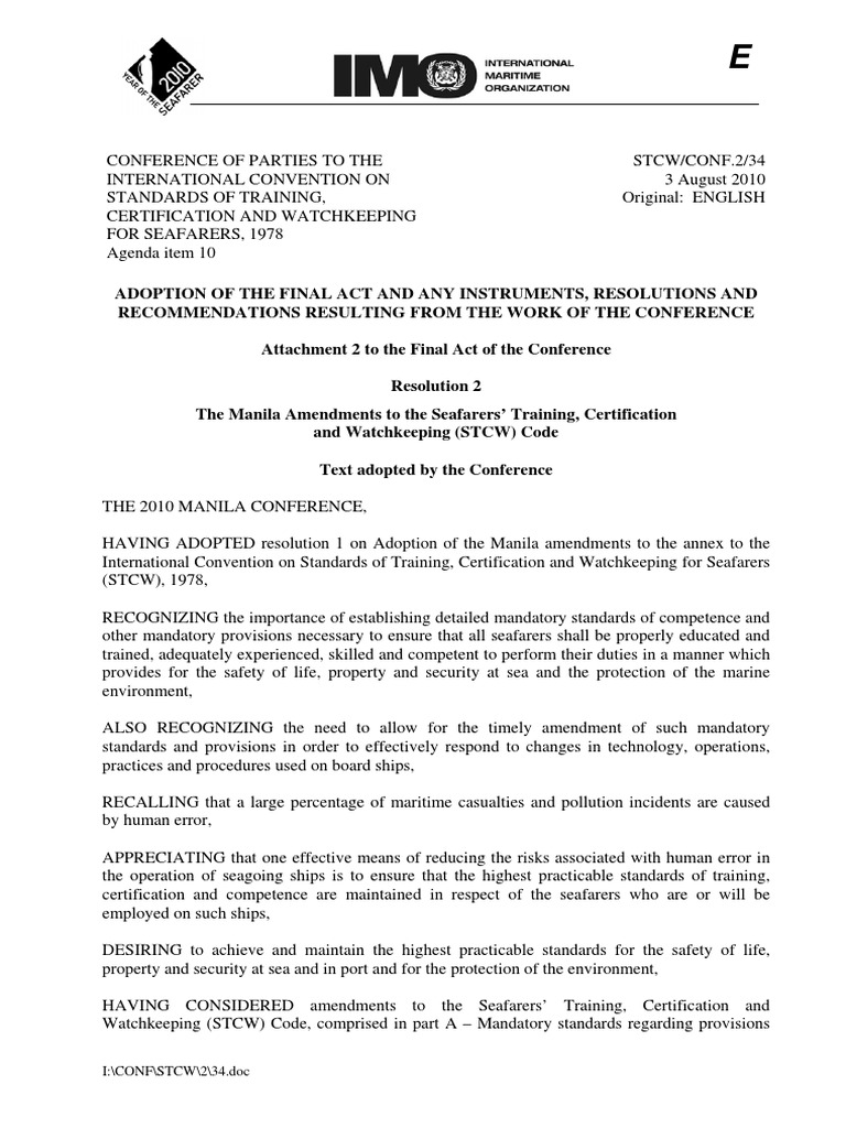 STCW Code - Manila Conference 2010 | PDF | Competence (Human Resources ...