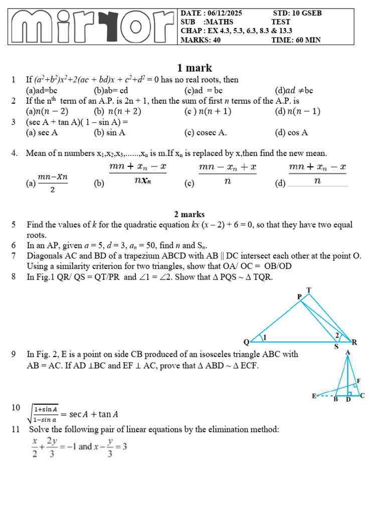 Std 10 Gseb Maths Ex-0.3 Test 06-12-2025 Question | PDF | Elementary ...
