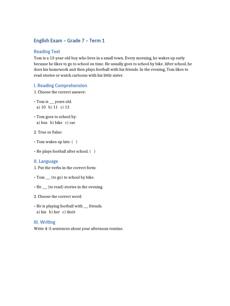 English Exam Grade7 Ready | PDF