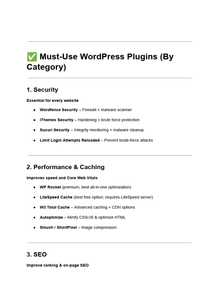 Must-Use WordPress Plugins (By Category) | PDF | Word Press | Search ...