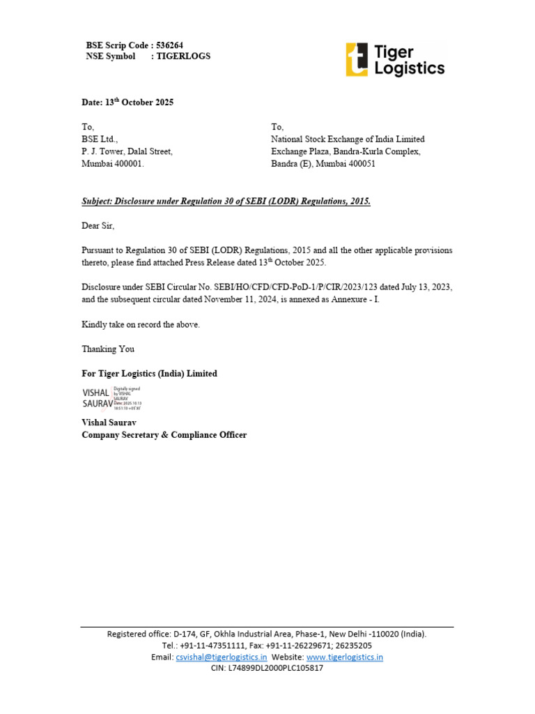 BSE Scrip Code: 536264 Nse Symbol: Tigerlogs | PDF | Logistics ...