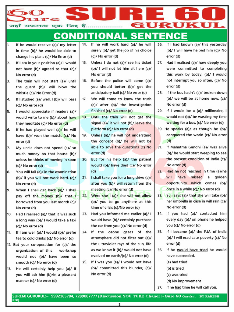 Conditional Sentence (Class Sheet) Question | PDF