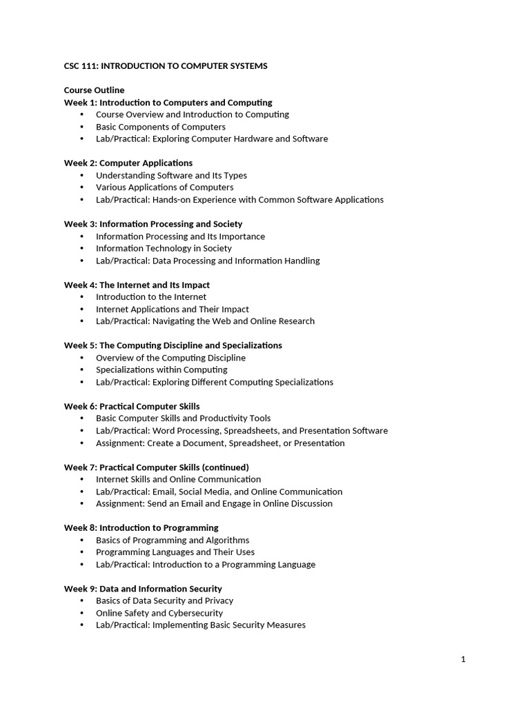 Csc 111 Outline 2024 | PDF