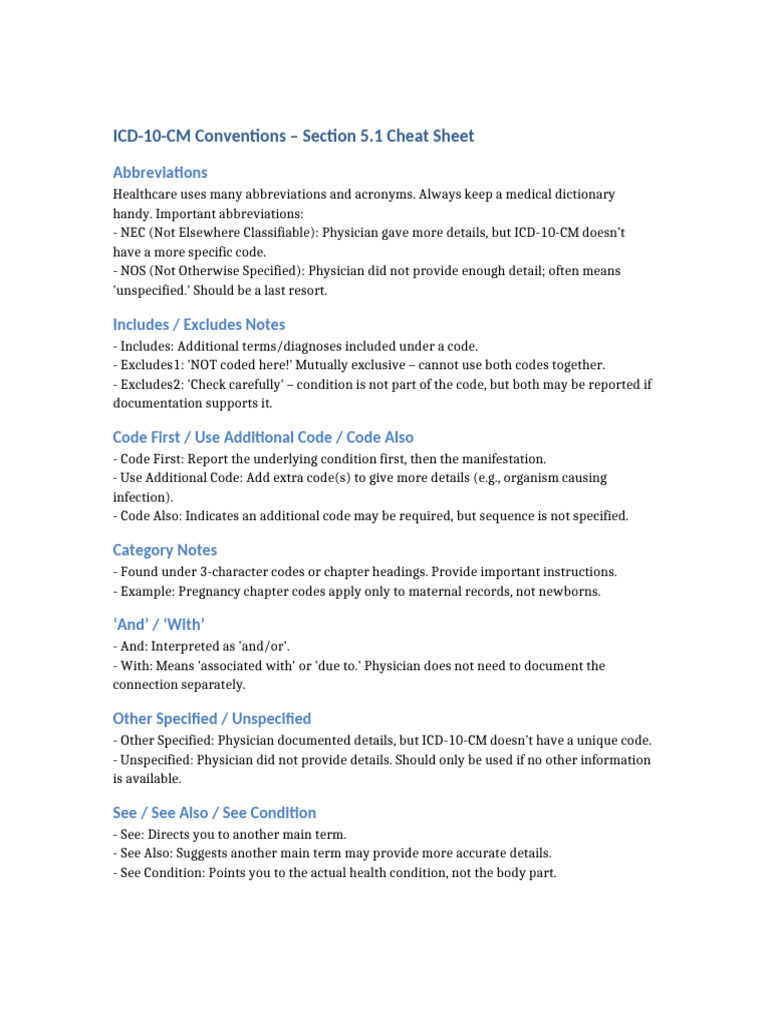 ICD10 CM Conventions 5 1 Cheat Sheet | PDF