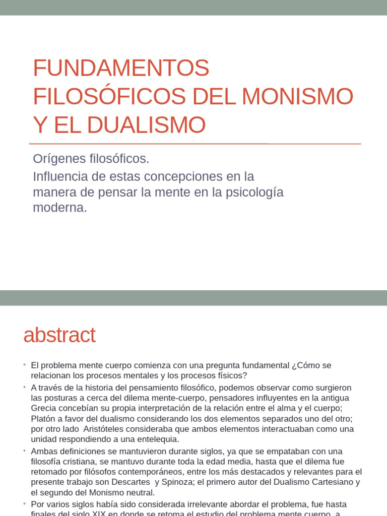 Fundamentos Filosóficos Del Monismo y El Dualismo | PDF | Monismo | Mente