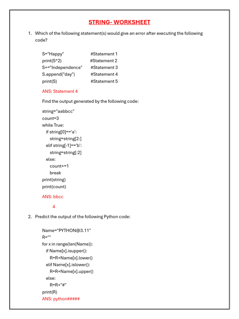 STRING-Worksheet With Answers 251129 160348 | PDF | Python (Programming ...