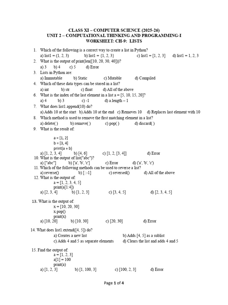 Class Xi List Worksheet | PDF | Computer Programming | Programming ...