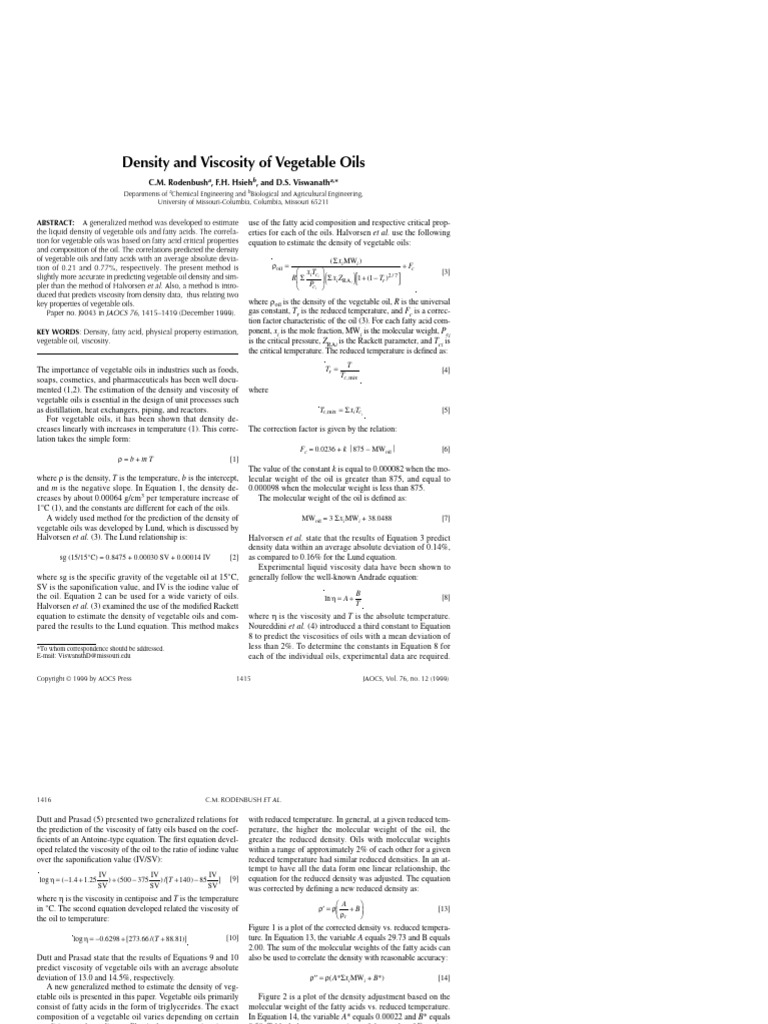 ARTÍCULO [1999] - Density and Viscosity of Vegetable Oils | PDF ...