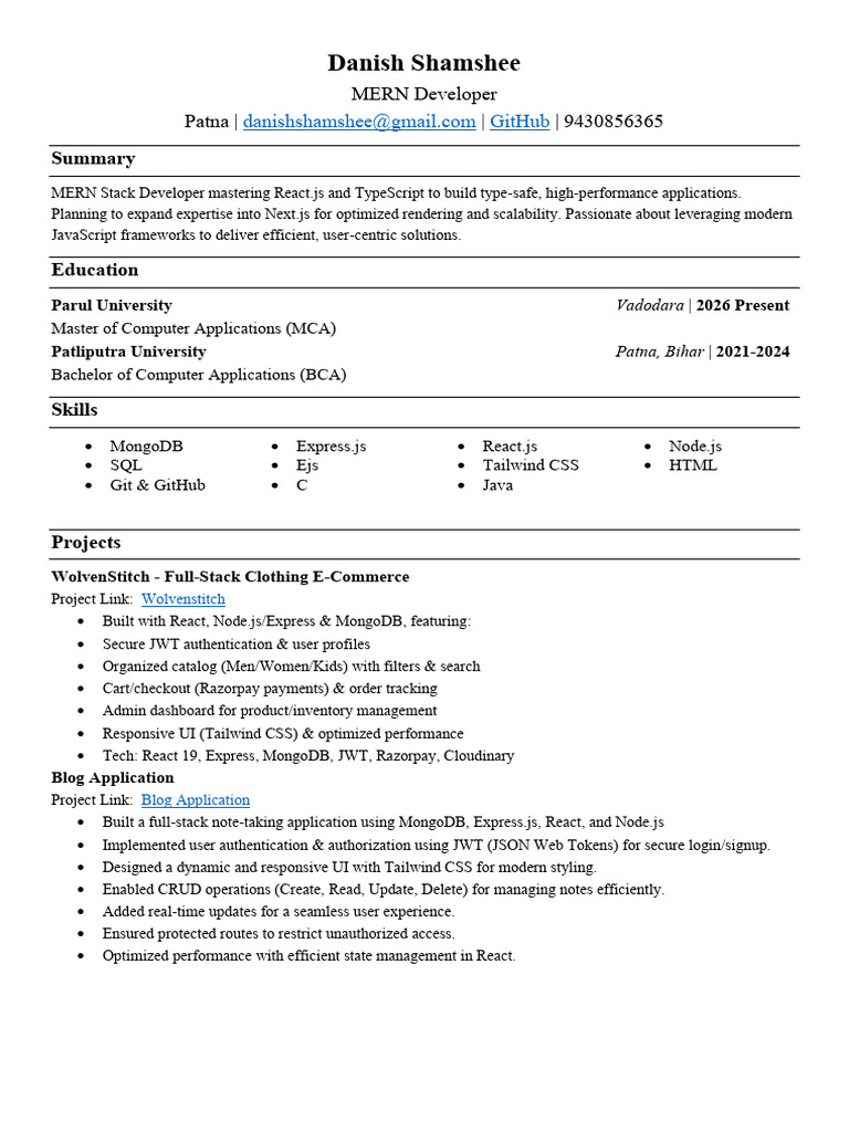 Danish Resume MERN | PDF