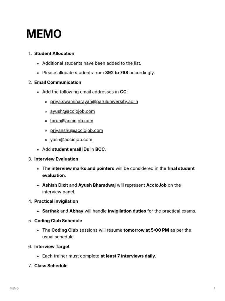 Student Allocation and Interview Memo | PDF
