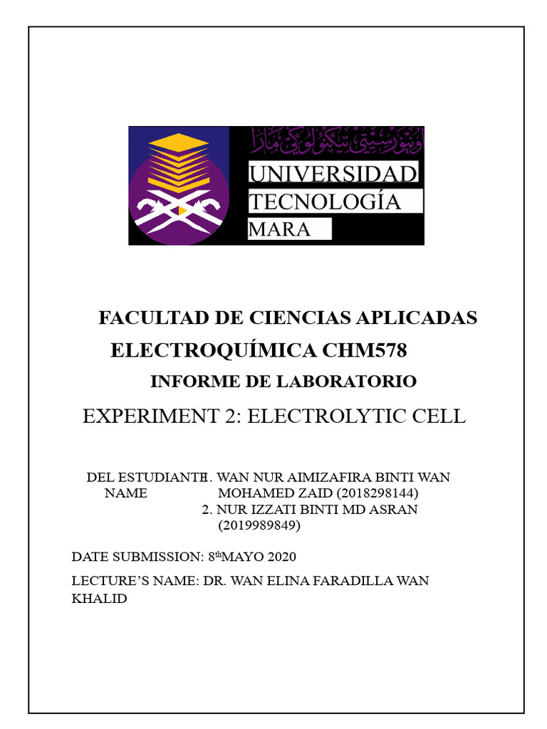 Experimento 2: Celda Electrolítica - Electrólisis de Solución Acuosa ...