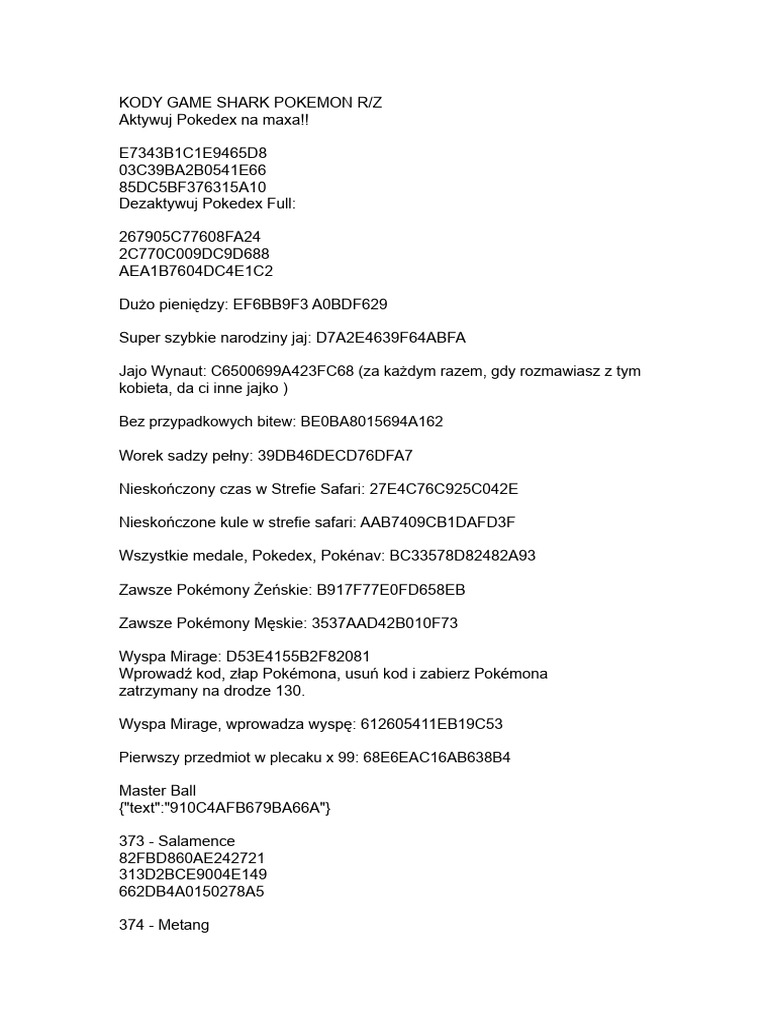 Kody Game Shark Pokemon R-Z | PDF