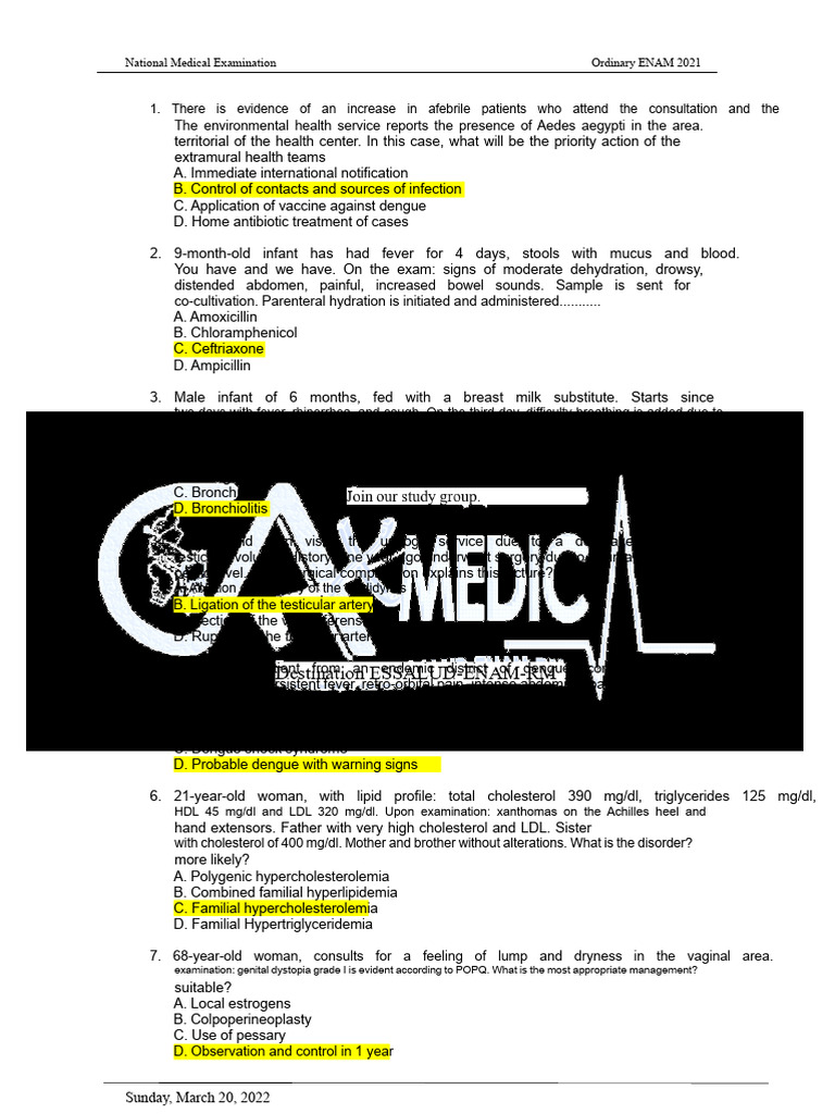 ENAM 2021 Medical Exam Questions | PDF | Childbirth | Hypercholesterolemia