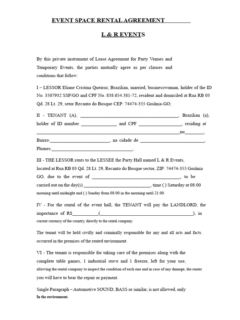 RENTAL AGREEMENT FOR EVENT SPACE Eliane | PDF | Lease | Landlord–Tenant Law