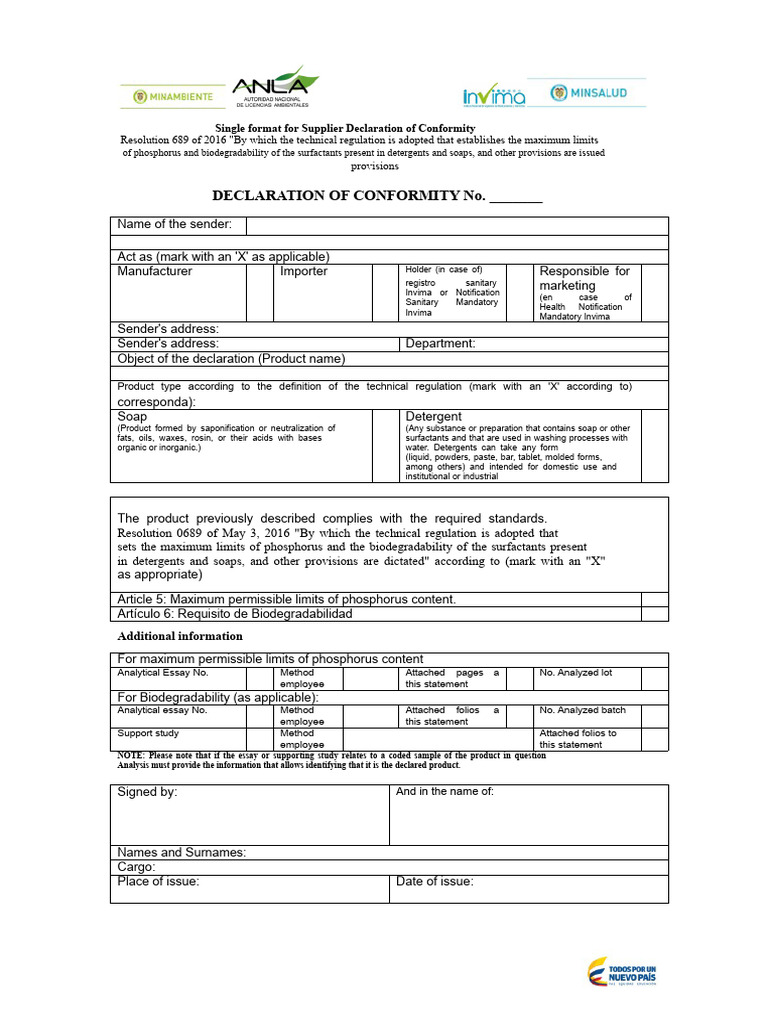 DECLARATION OF CONFORMITY - Final Format 689 (2) | PDF | Soap | Detergent