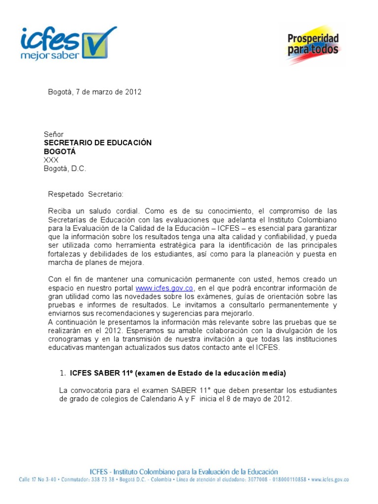 Carta Secretarios (Intro ICFES) Marzo 22 | PDF | Euro | Calidad (comercial)