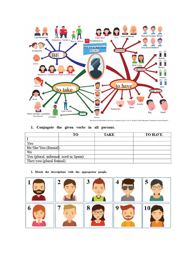 Verb Conjugation and Descriptive Exercises | PDF | Human Appearance | Hair