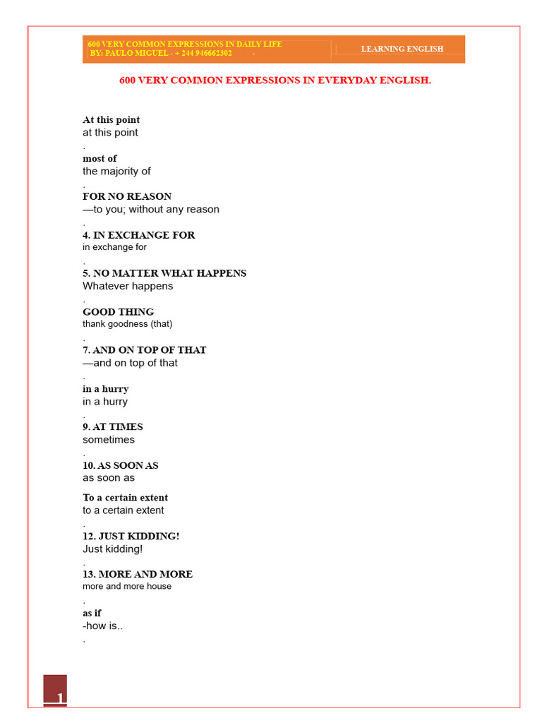 600 VERY COMMON ENGLISH EXPRESSIONS FOR DAILY USE - Paulo Miguel | PDF