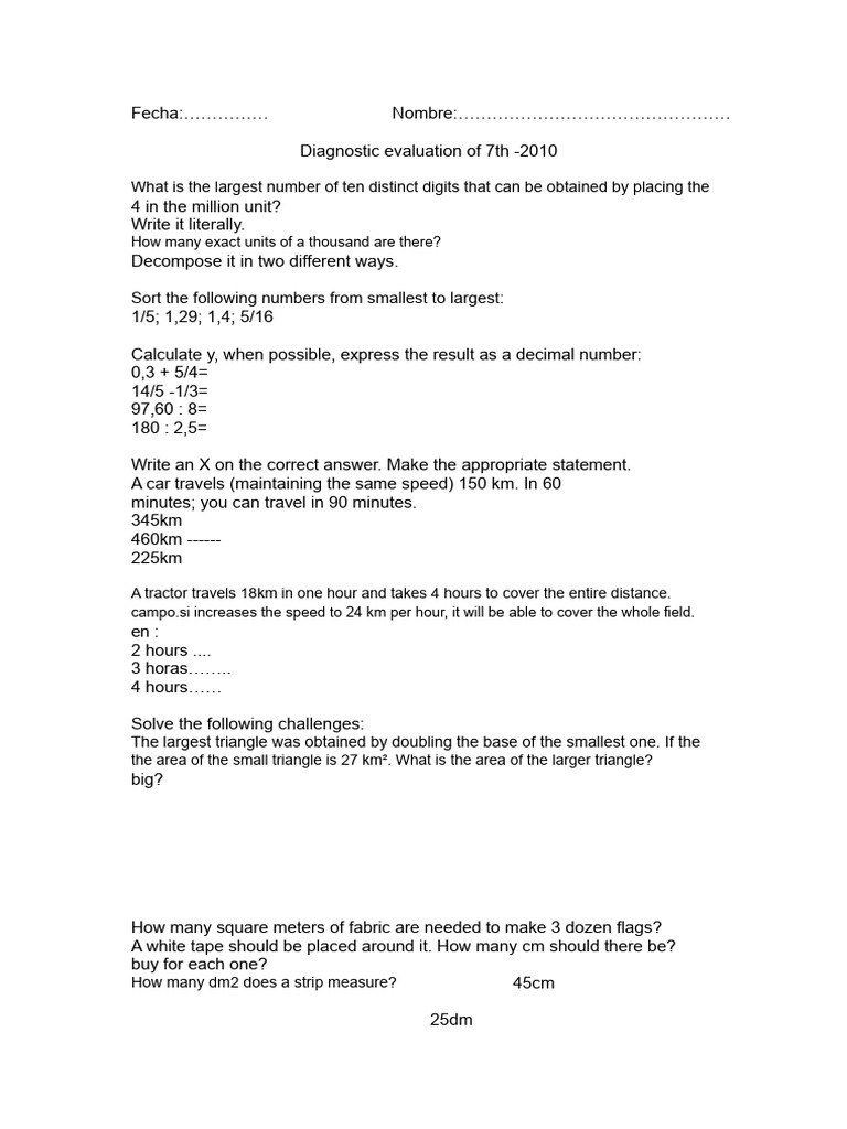 Diagnostic math assessment for seventh grade. | PDF