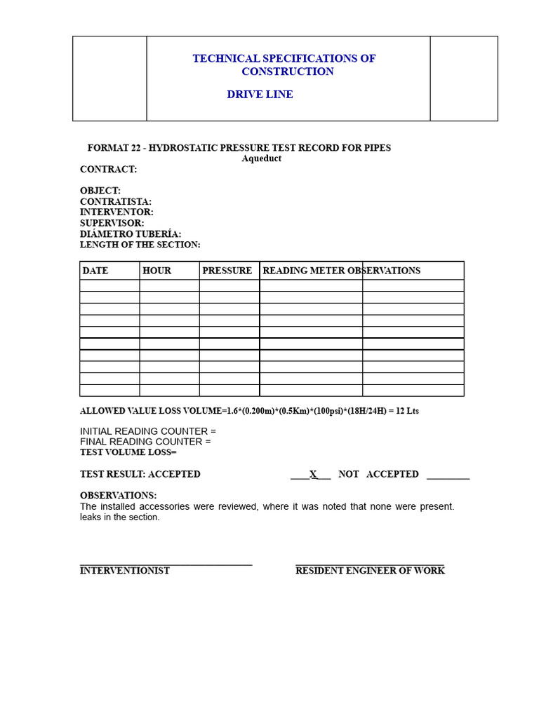 Hydrostatic Pressure Test Format For Aqueduct Pipes | PDF
