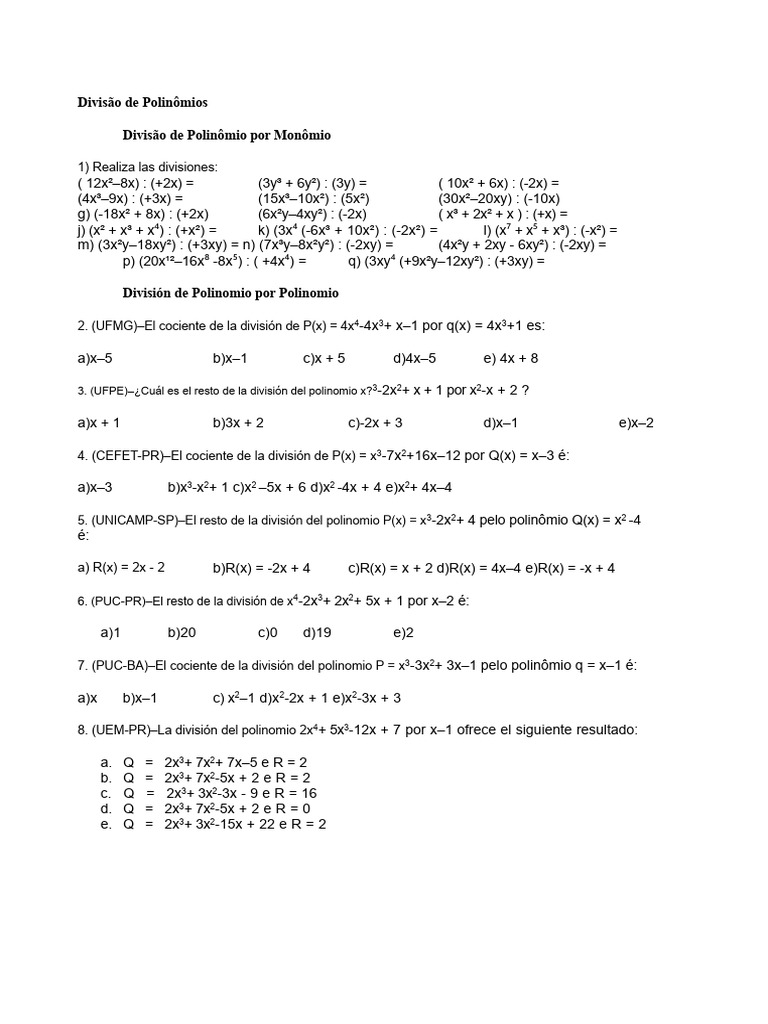 Ejercicios de División de Polinomios | PDF