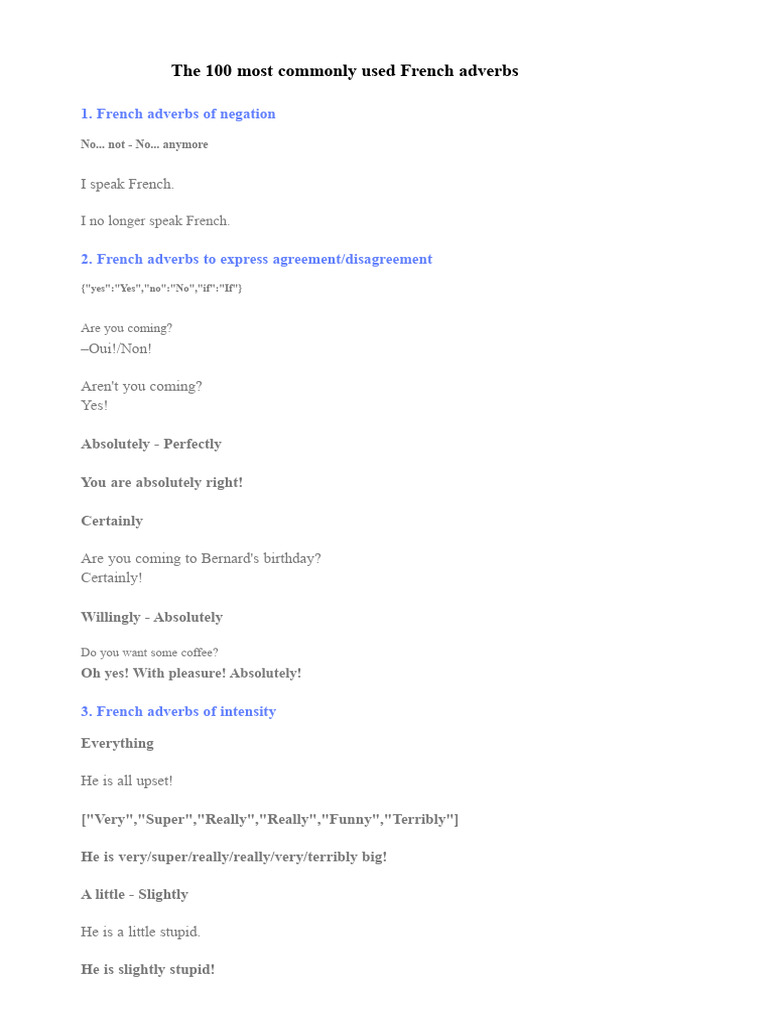 Top 100 French Adverbs Explained | PDF