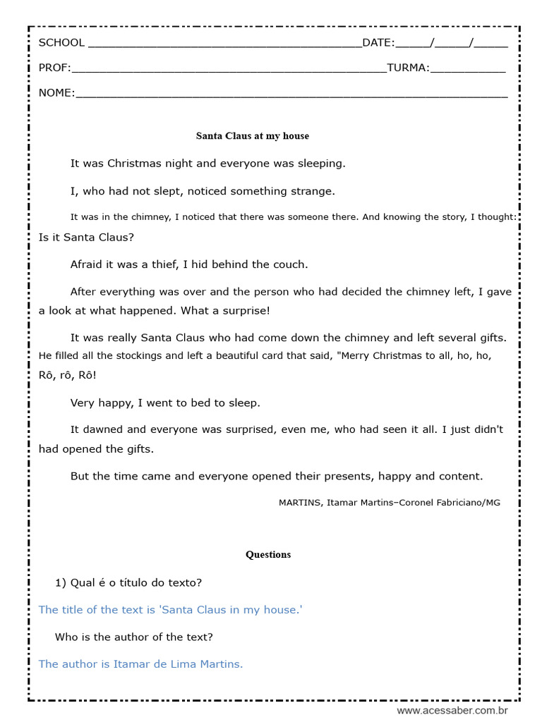 Interpretation of Text Santa Claus in My House 3rd or 4th Grade Answers ...