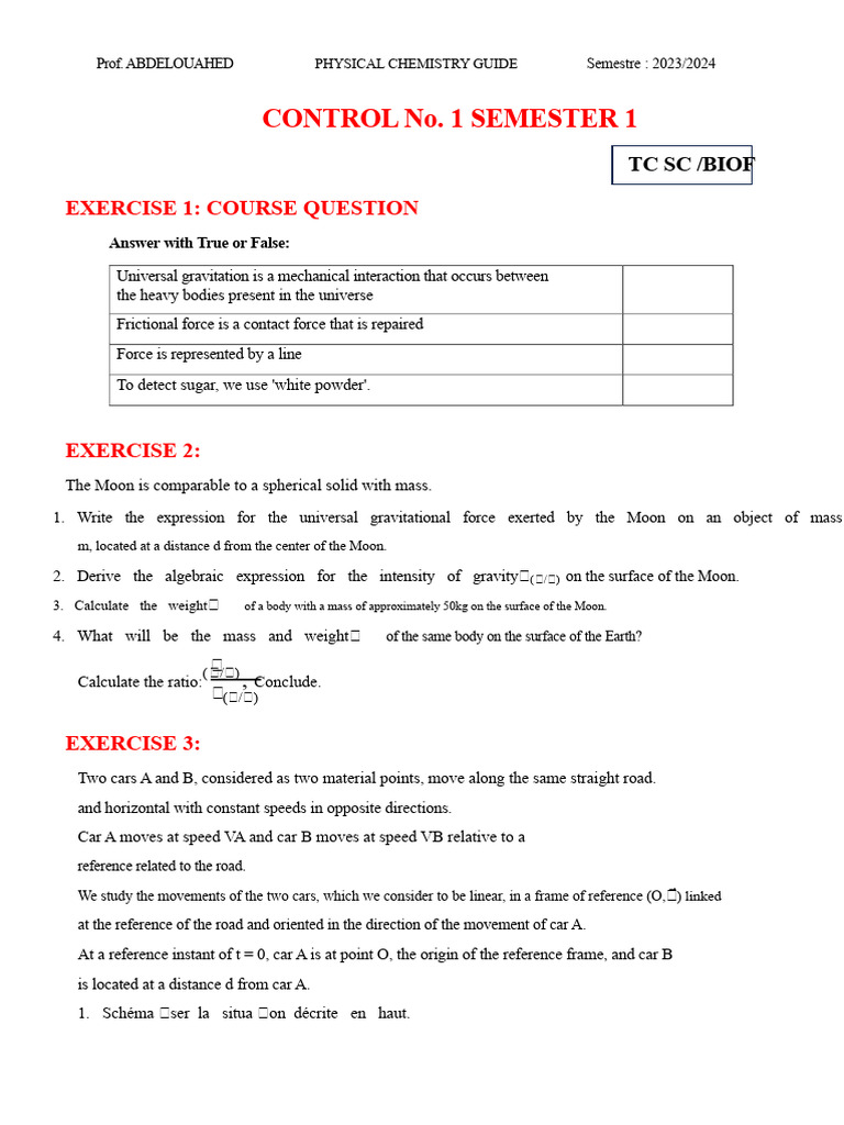 Control N°1 Semester 1 Physics Core Curriculum Biof SC | PDF | Force ...