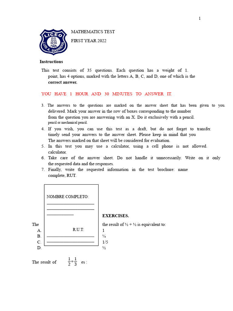 Mathematics Test 1st Year of High School 2022 | PDF | Area | Circle