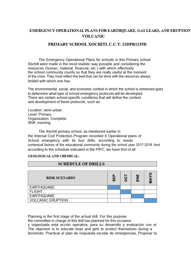 SCHOOL EMERGENCY OPERATION PLAN FOR EARTHQUAKE, GAS LEAK, AND VOLCANIC ...