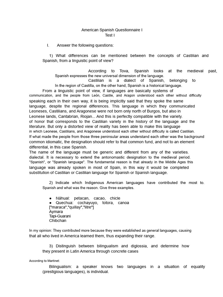 American Spanish Questionnaire I | PDF | Spanish Language | Dialect