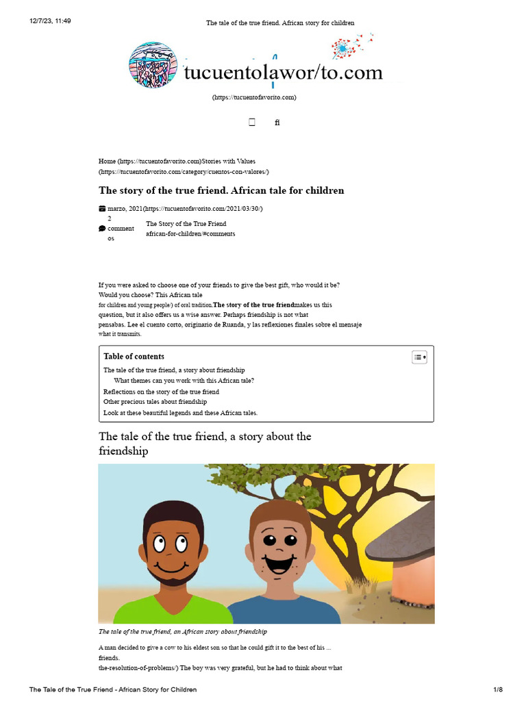 The Tale of The True Friend. African Story For Children. | PDF