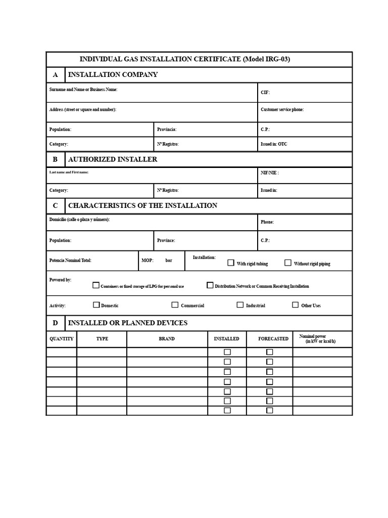 Gas Installation Certificate IRG-03 | PDF